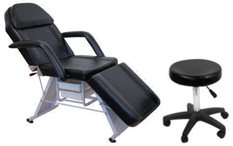 Cama facial negro con taburete técnico para masaje, spa, tatuaje, depi ...